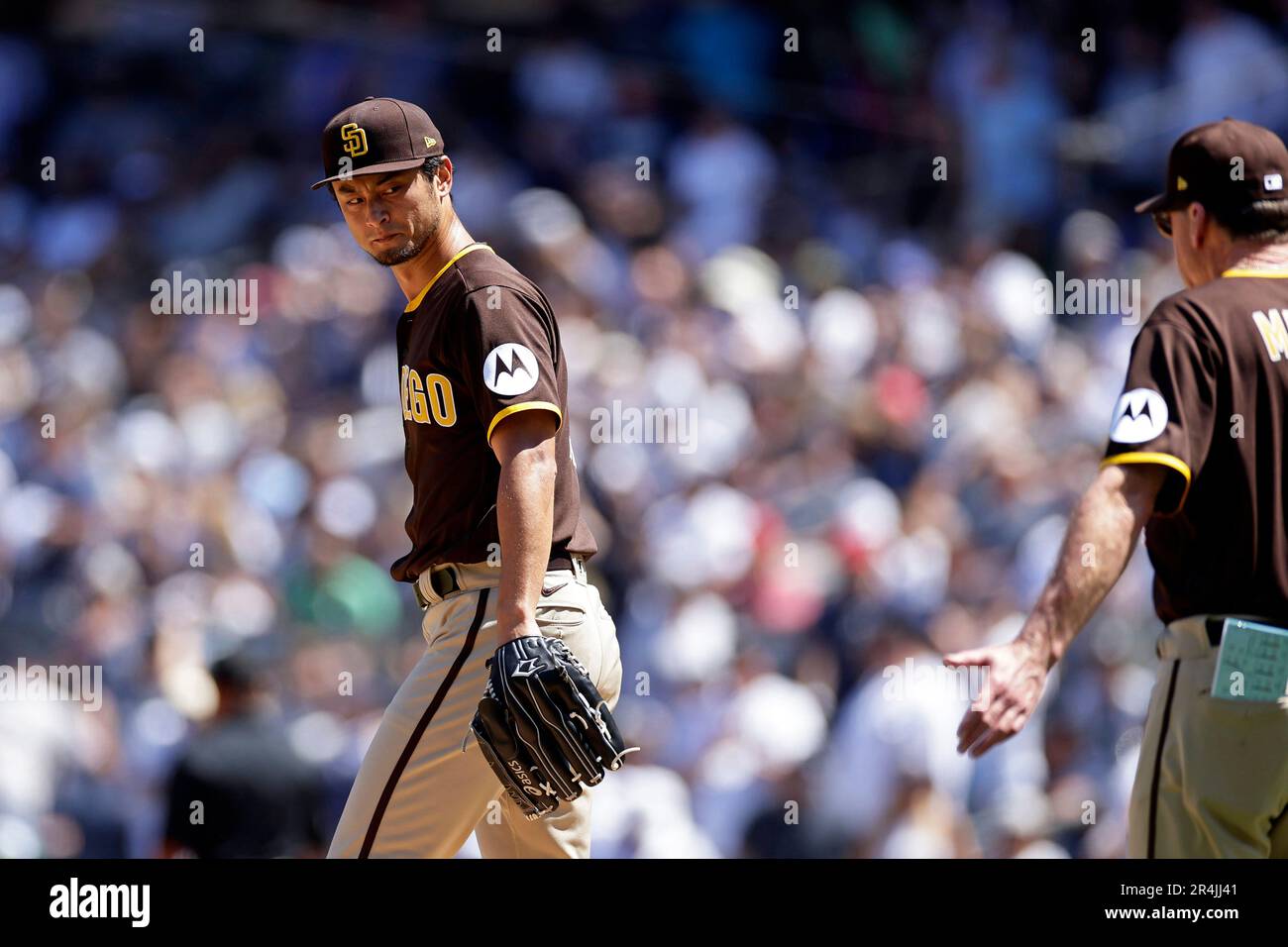 San Diego Padres pitcher Yu Darvish looks back to manager Bob Melvin ...
