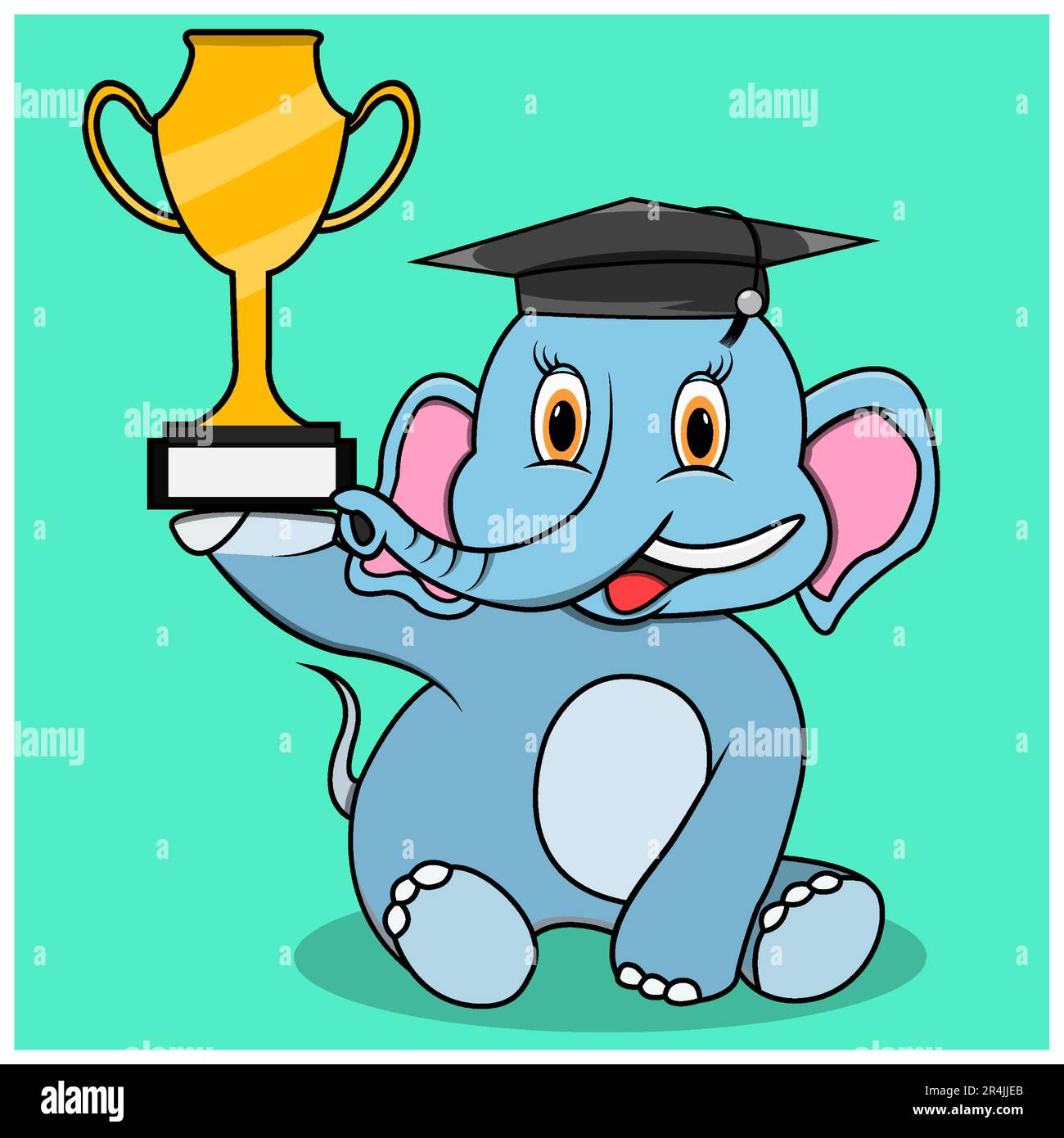 Character Elephant With Hat Graduate and Bring Trophy, Turquoise Blue ...