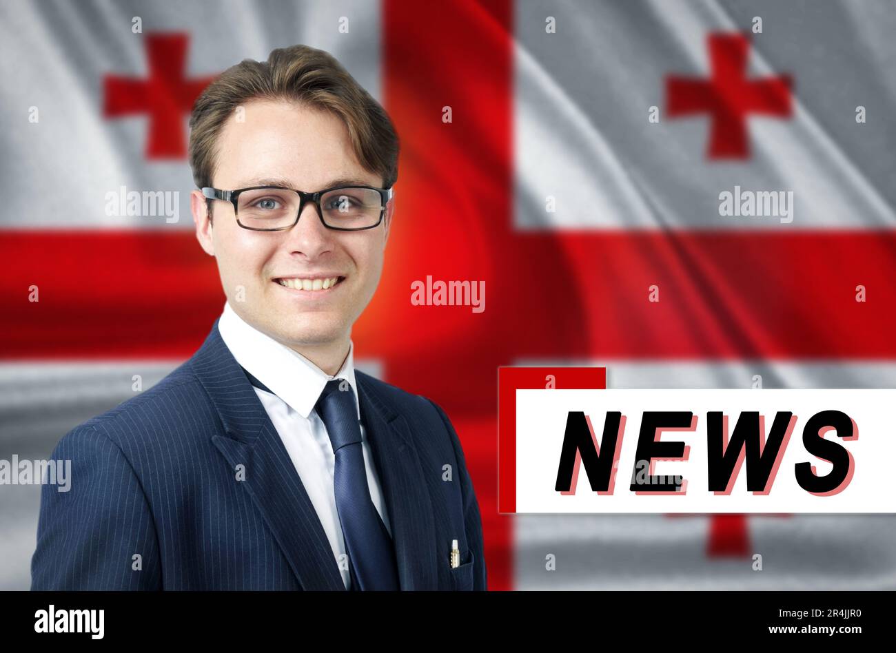 News anchor, tells the latest news, smiling, against the background of ...