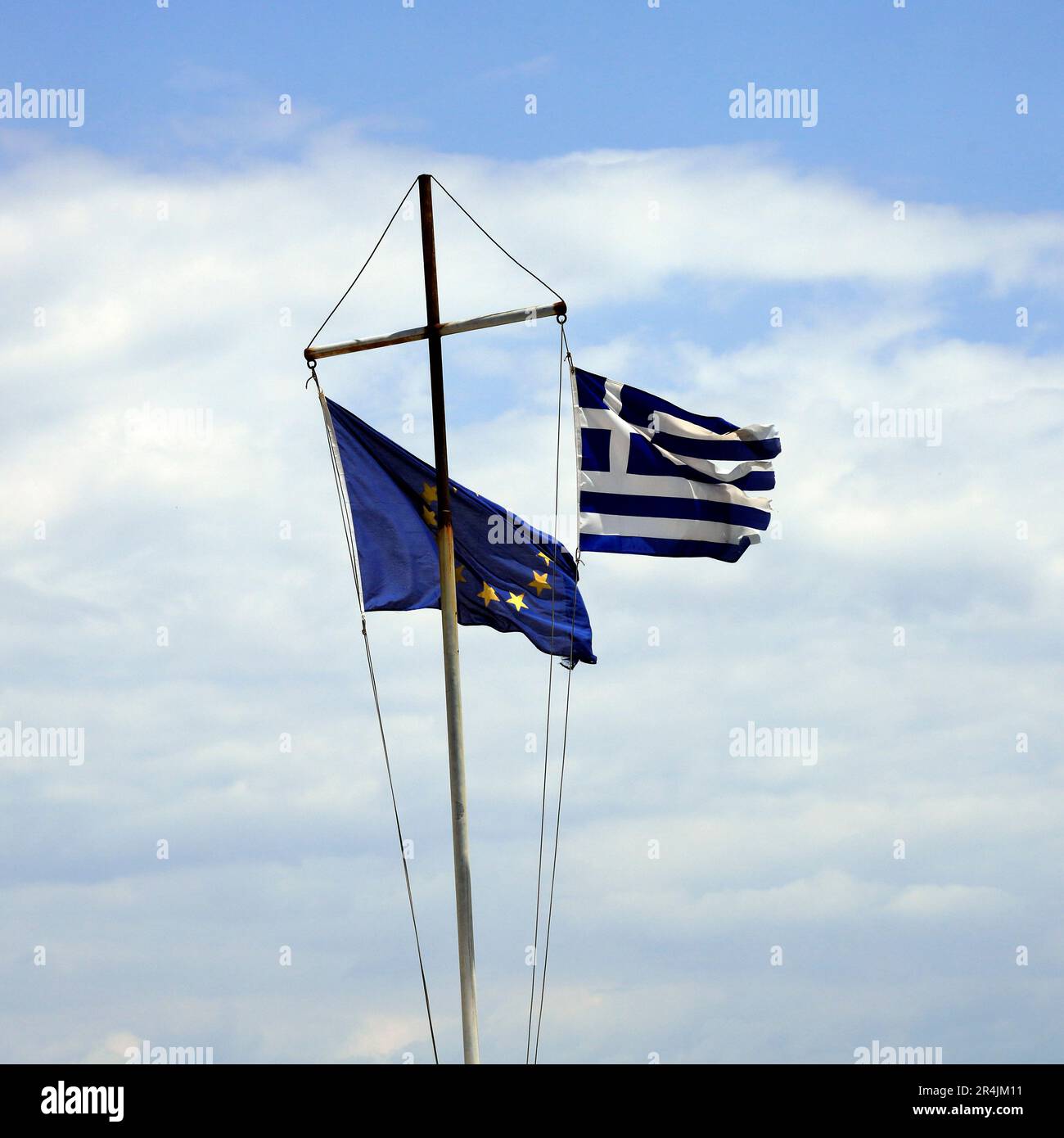 Greek flag and European Union flag, Agistri Island, near Athens ...