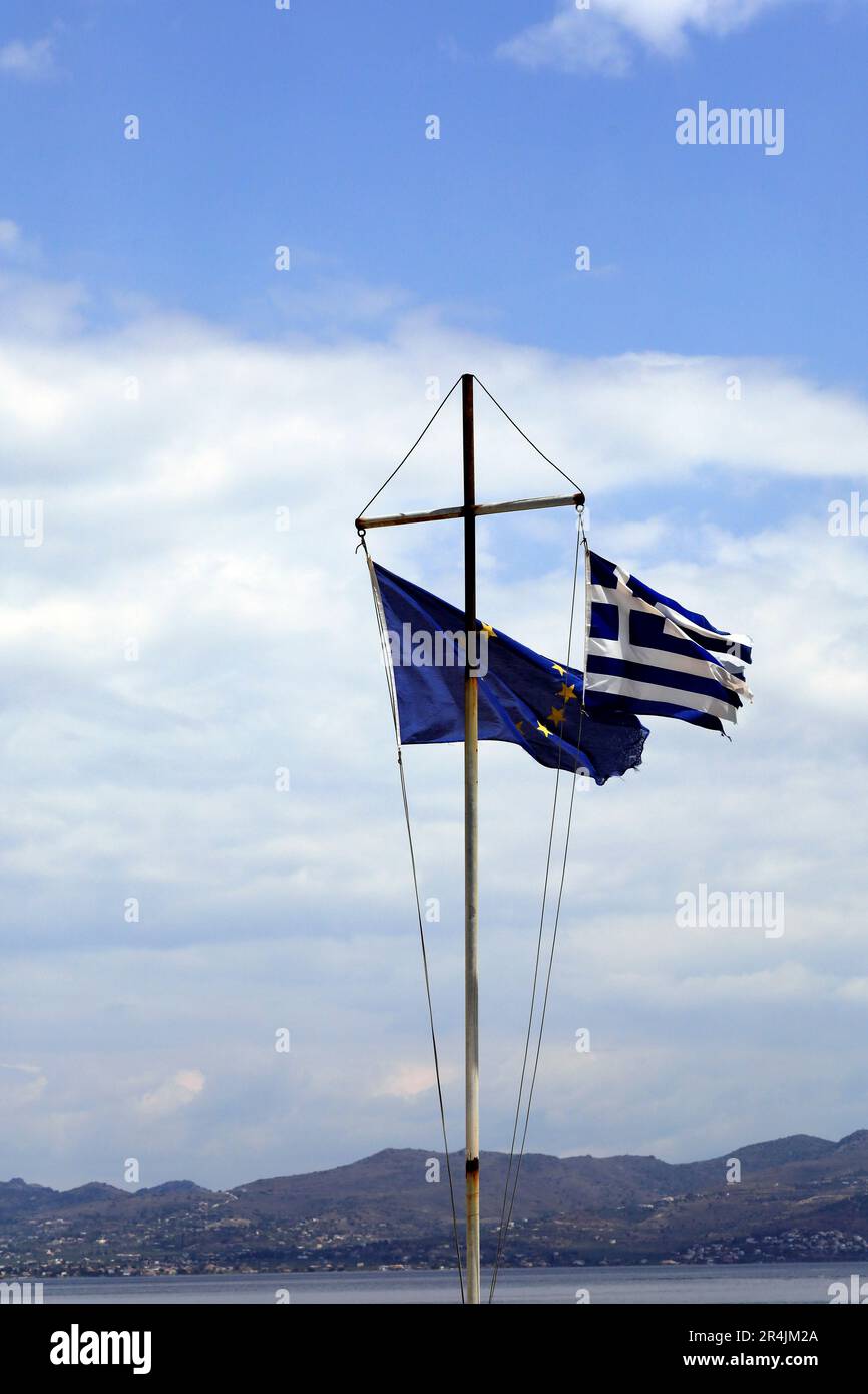 Greek flag and European Union flag, Agistri Island, near Athens ...