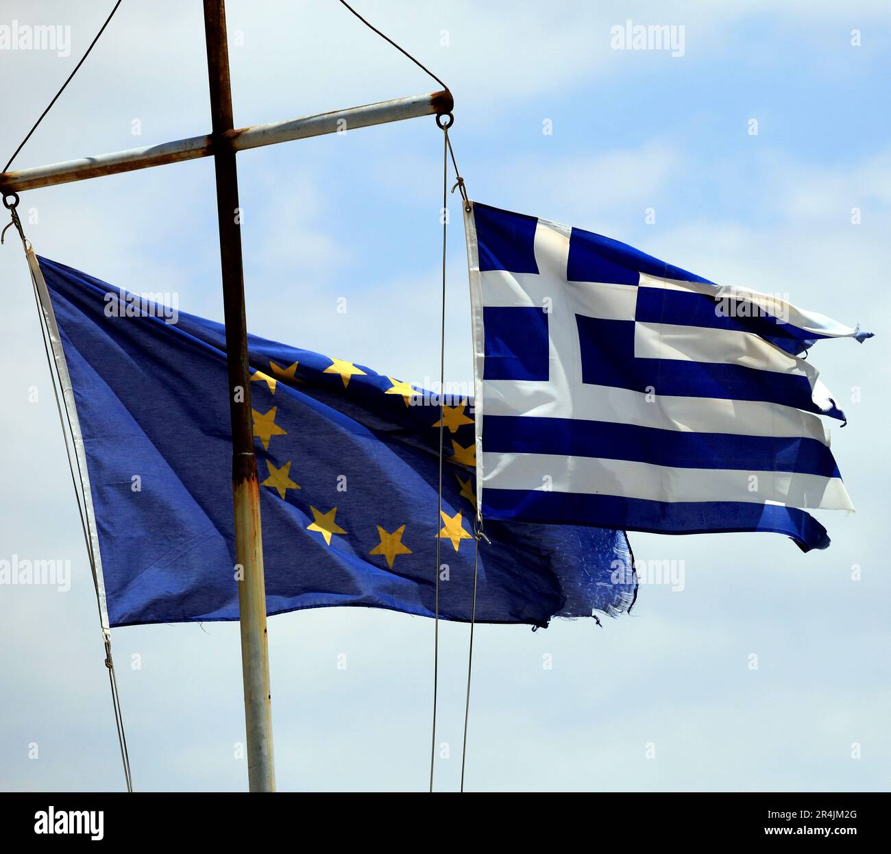 Greek flag and European Union flag, Agistri Island, near Athens ...
