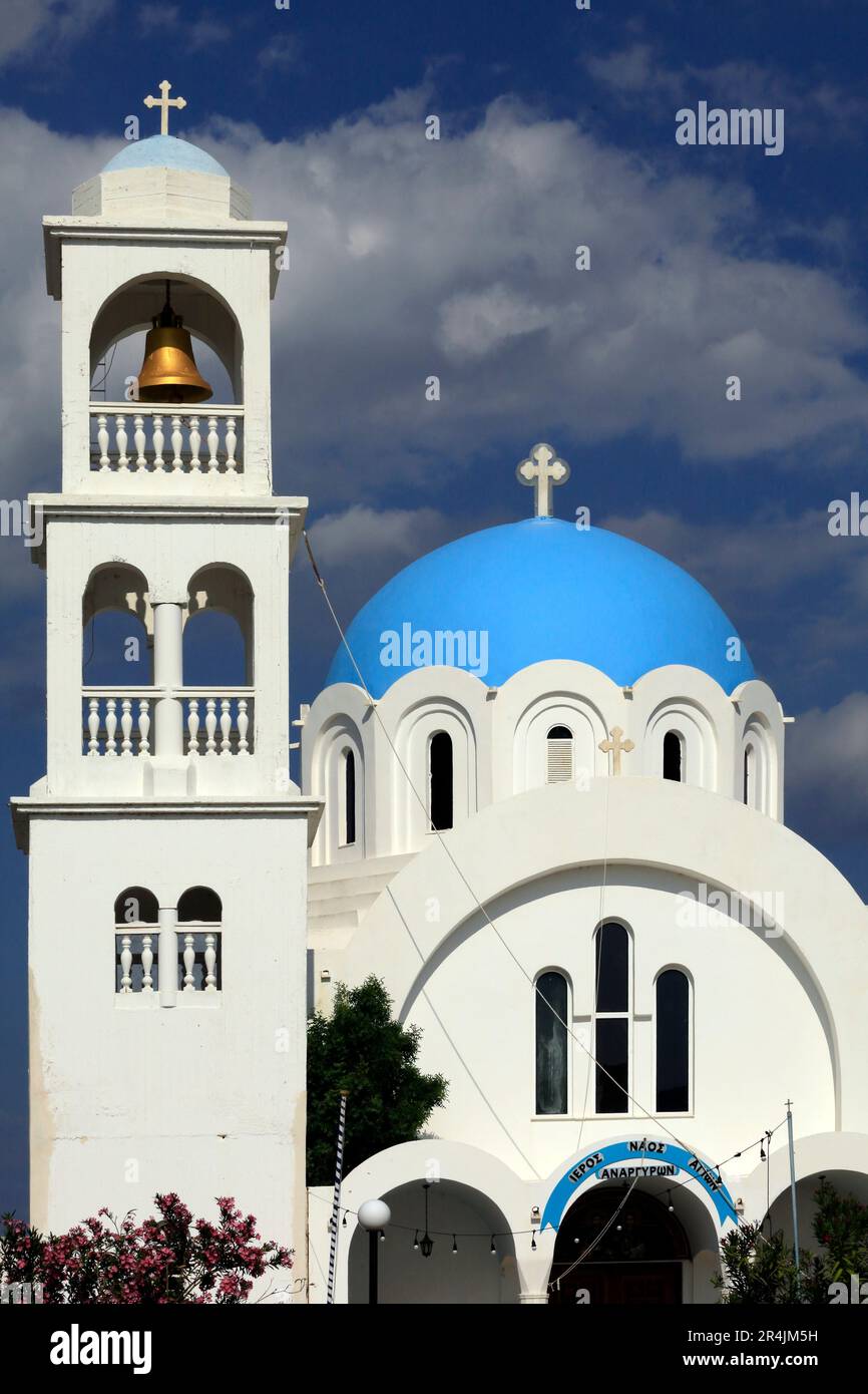 Church of Agioi Anargyroi and bell tower, Skala, Agistri Island, near ...