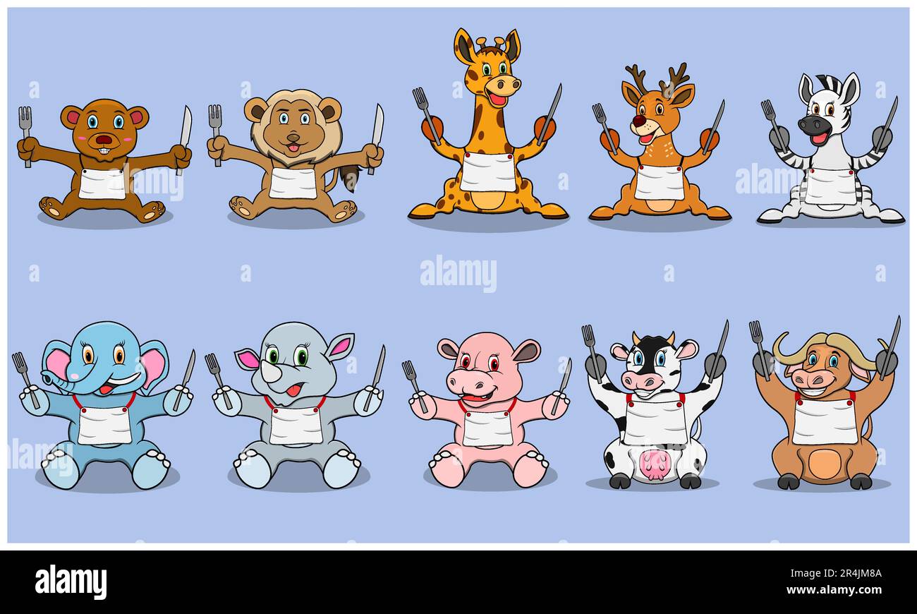 Ten Animals Character With Bring Knife and Fork For Ready To Eat ...