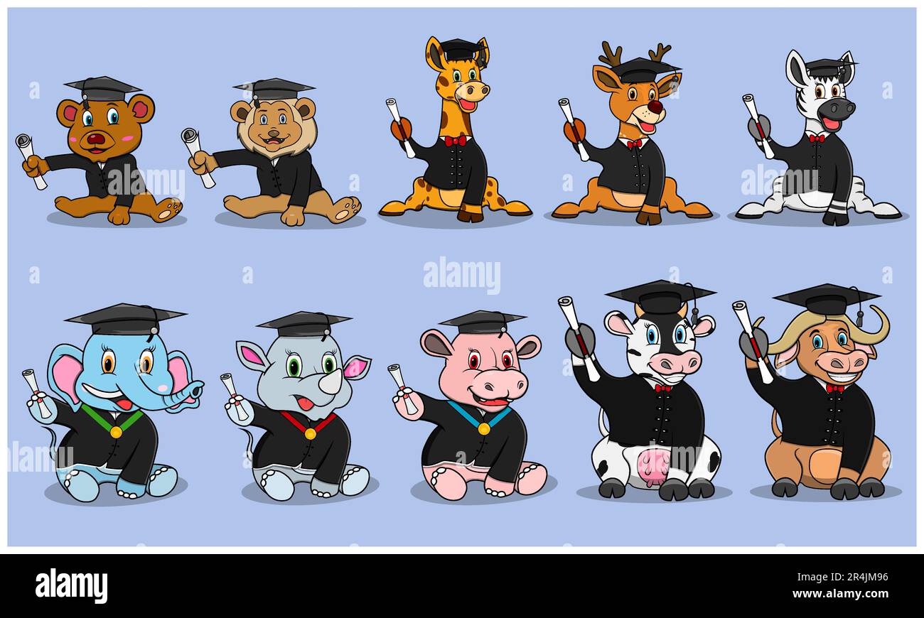Ten Animals Character With Bring Certificate and Wear Graduate Custom ...