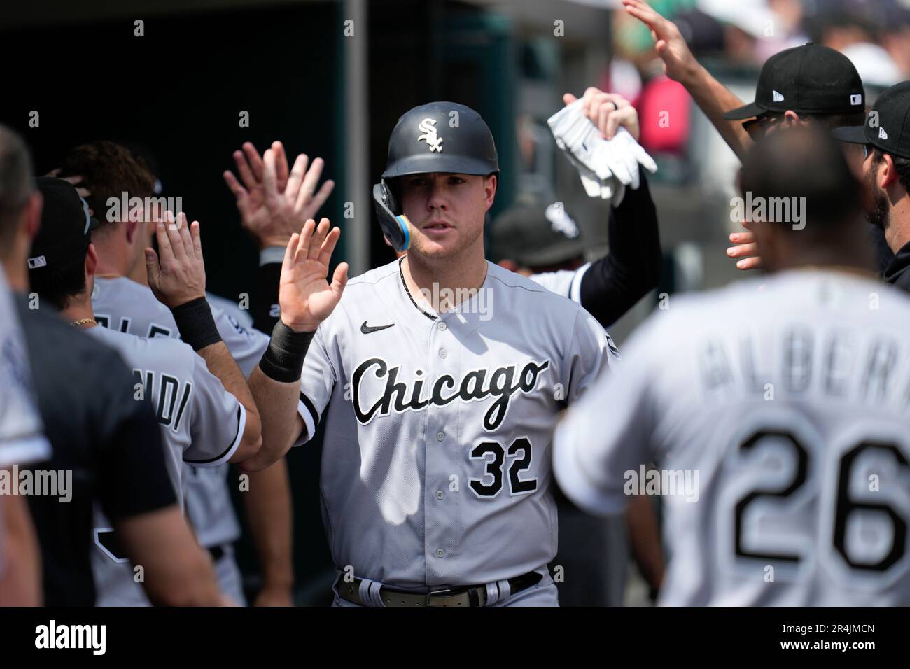 Chicago White Sox's Gavin Sheets (32) celebrates scoring against the ...