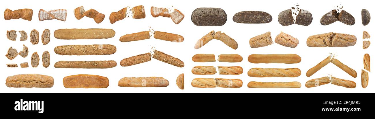 Many different loaves of bread, different varieties and shapes isolated ...