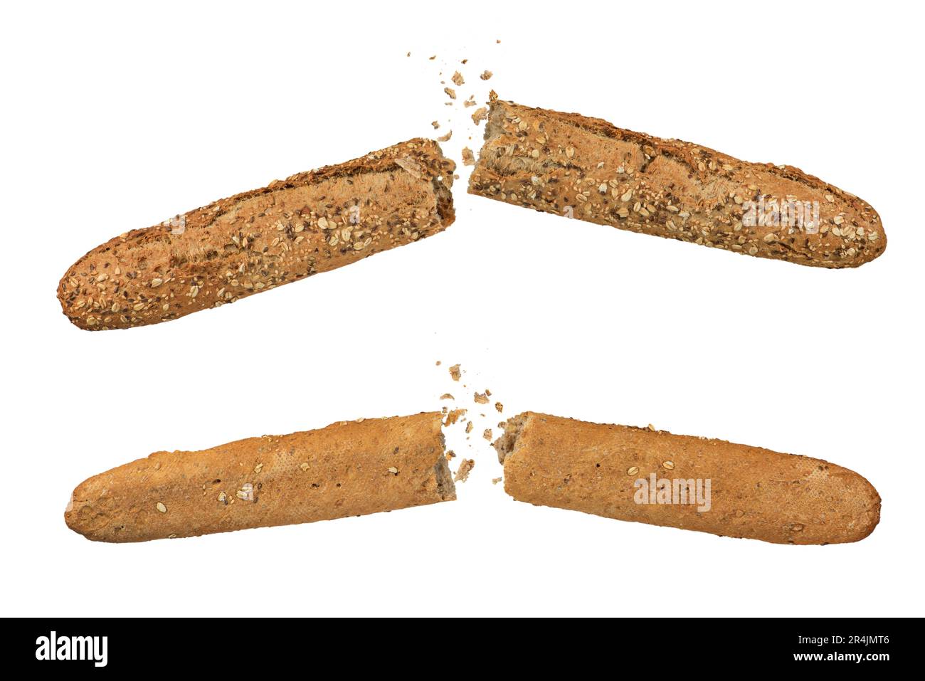 Whole grain rye French baguette, isolate. A set of rye baguettes broken ...