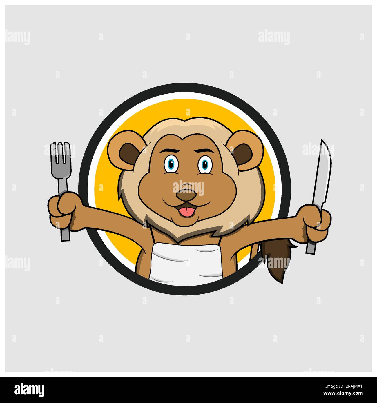 Lion Head Circle Label With Fork and Knife , Yellow Colors Background ...