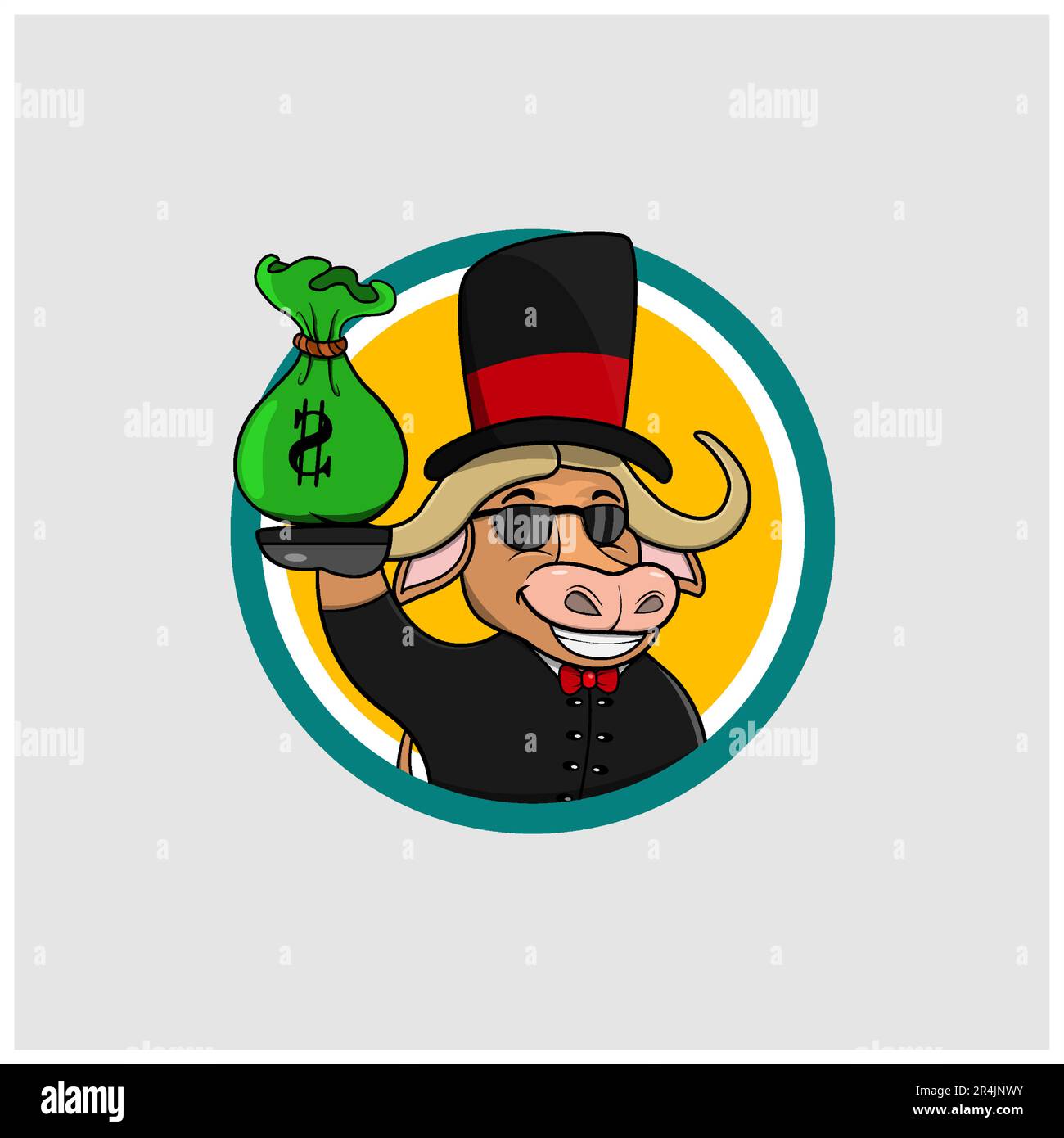 Rich Cartoon Buffalo Head Circle Label With Bring Money, Yellow Colors ...