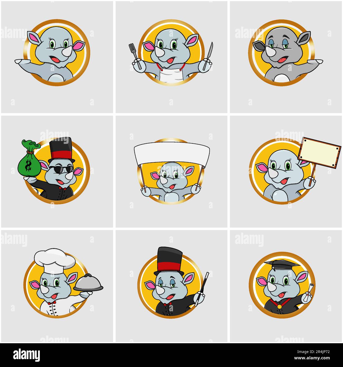 Cute Rhinoceros Head Circle Label set, Yellow Colors Background ...