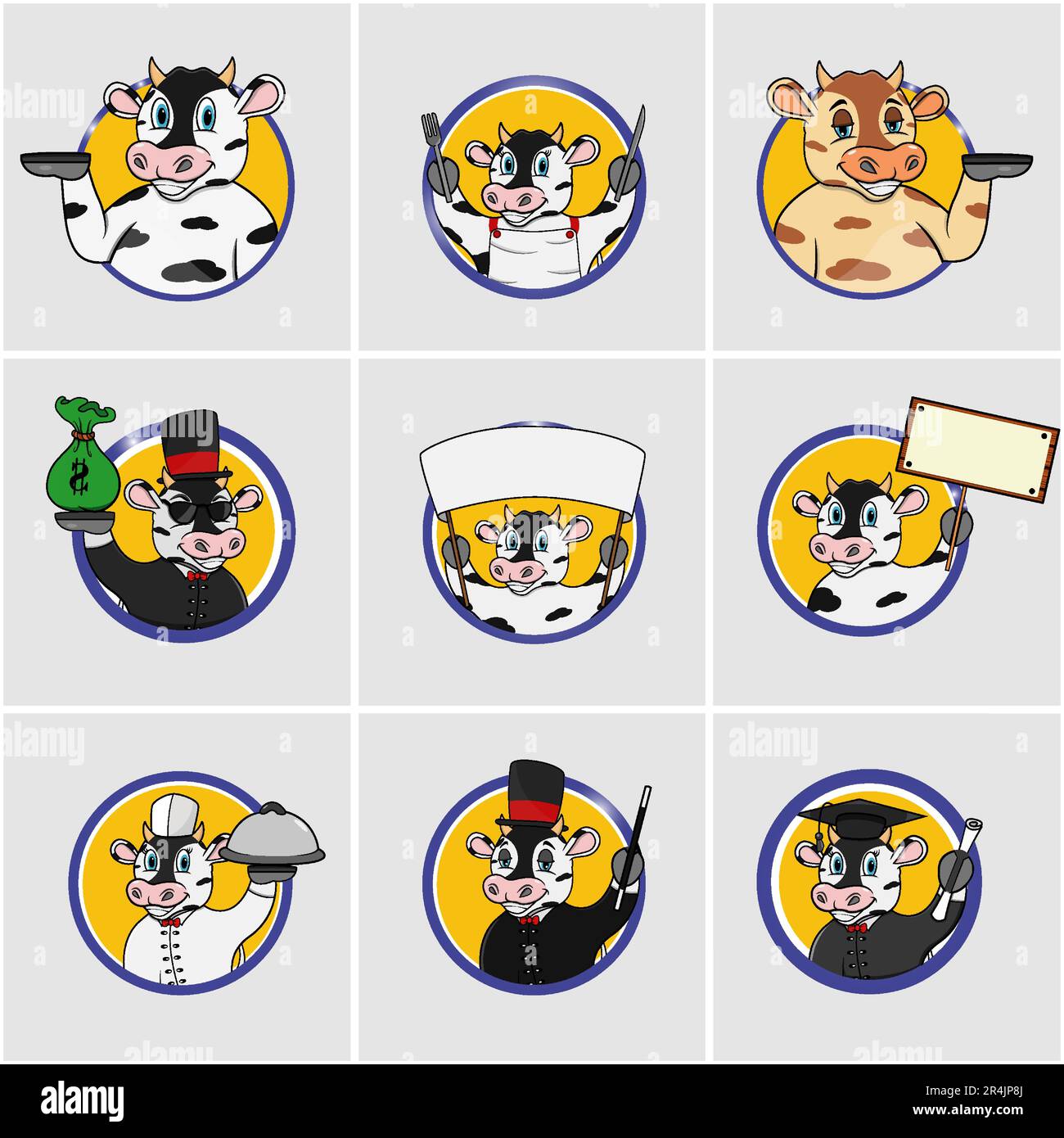 Cute Cow Head Circle Label set, Yellow Colors Background, Cartoon ...