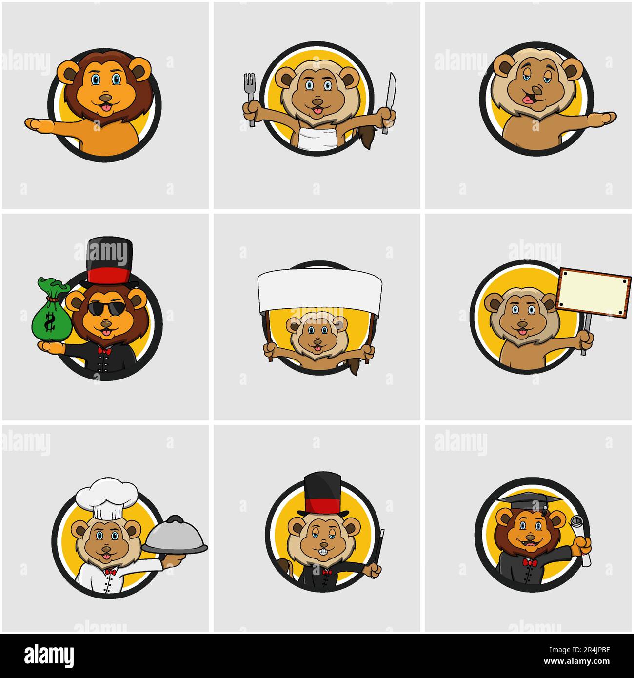 Cute Lion Head Circle Label set, Yellow Colors Background, Cartoon ...