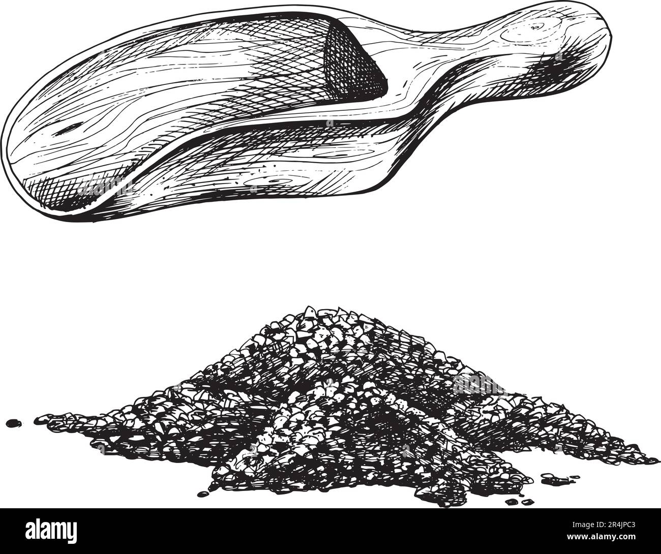 Sea salt heap with wooden scoop. The illustration is graphic hand-drawn ...
