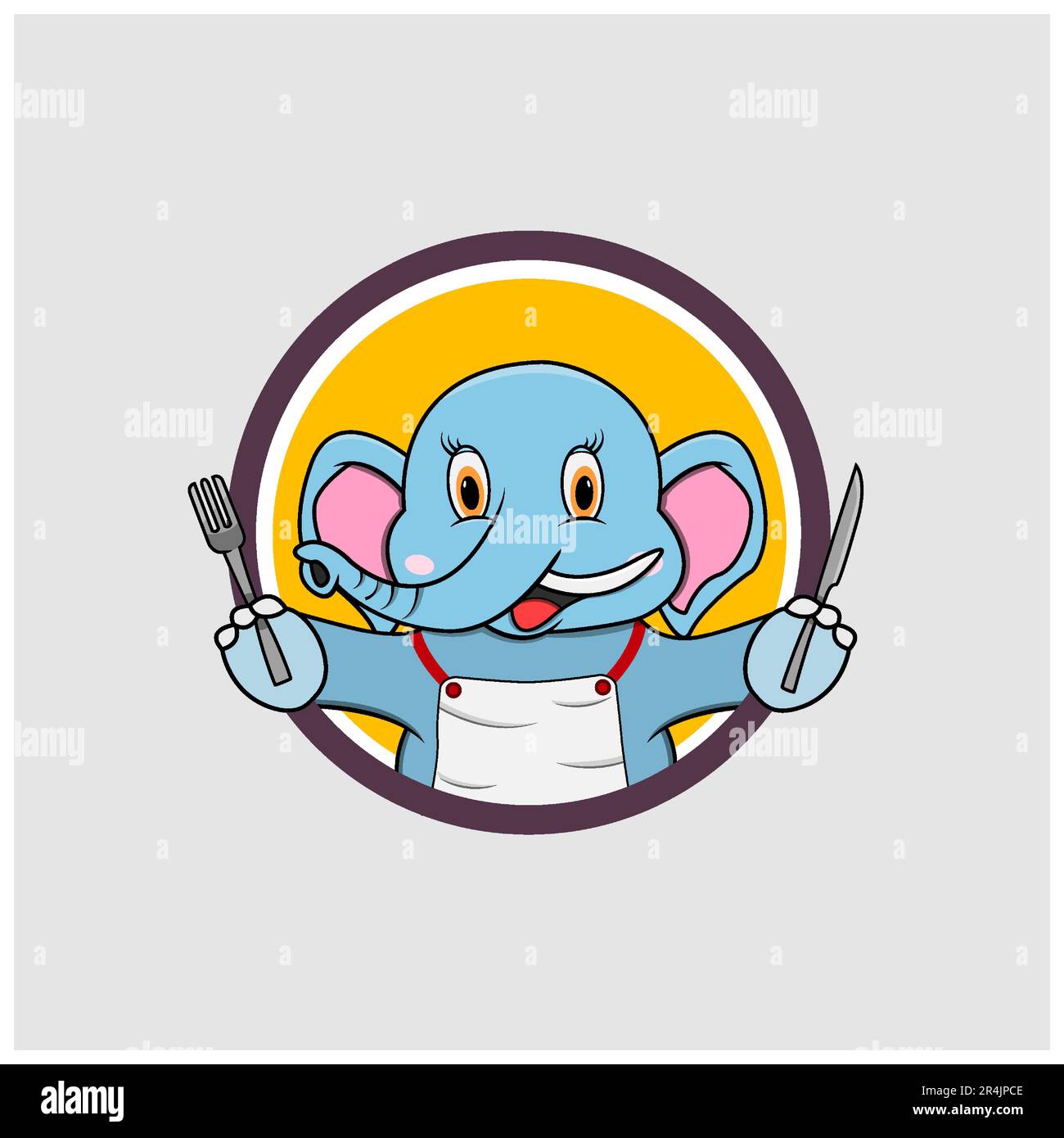 Elephant Head Circle Label Bring Fork and Knife, Yellow Colors ...