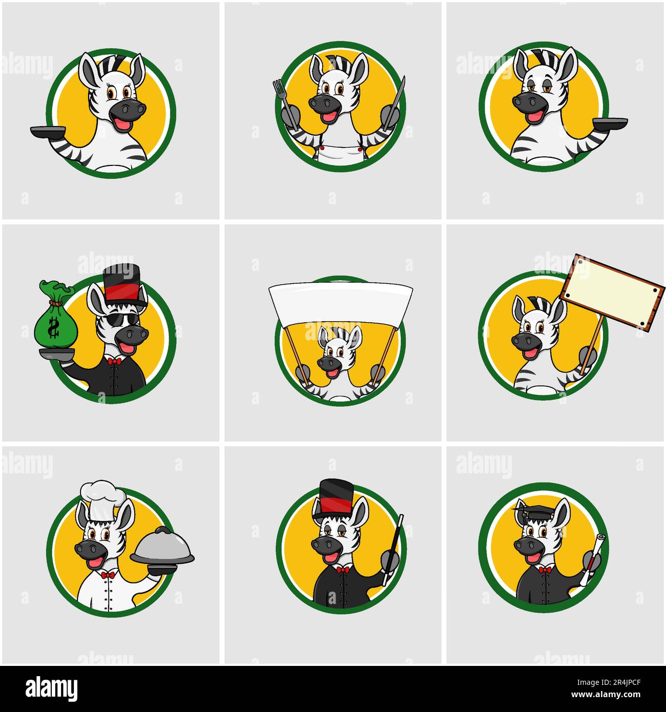 Cute Zebra Head Circle Label set, Yellow Colors Background, Cartoon ...