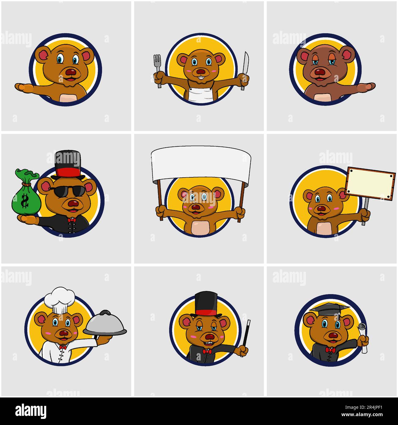 Cute Bear Head Circle Label set, Yellow Colors Background, Cartoon ...