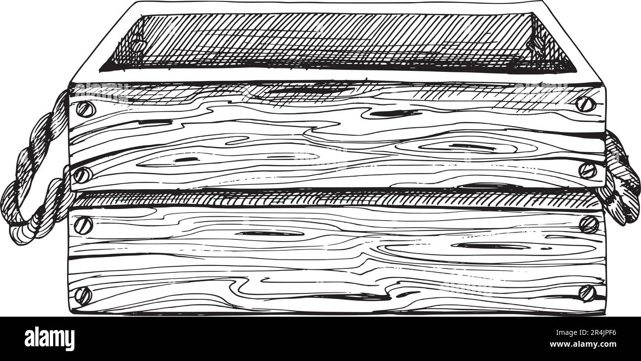 Wooden box with handles. The illustration is graphic hand-drawn. Eps ...