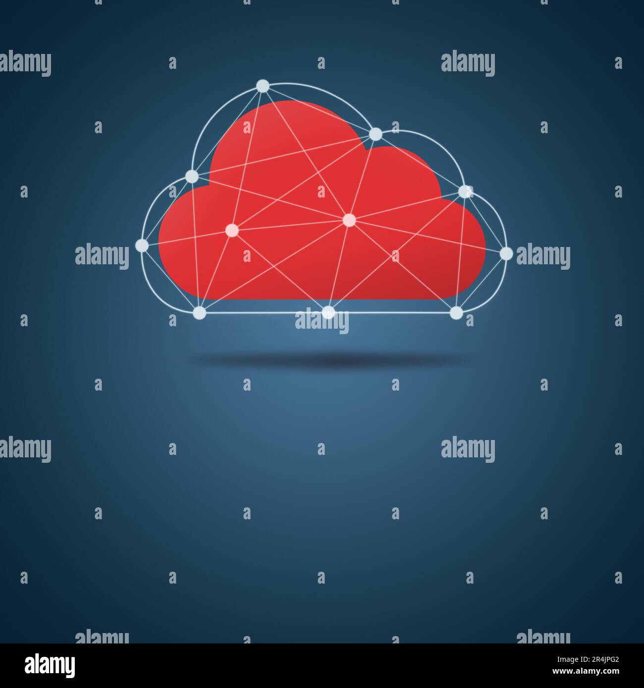 Floating red cloud with mesh polygon wireframe above blue background ...
