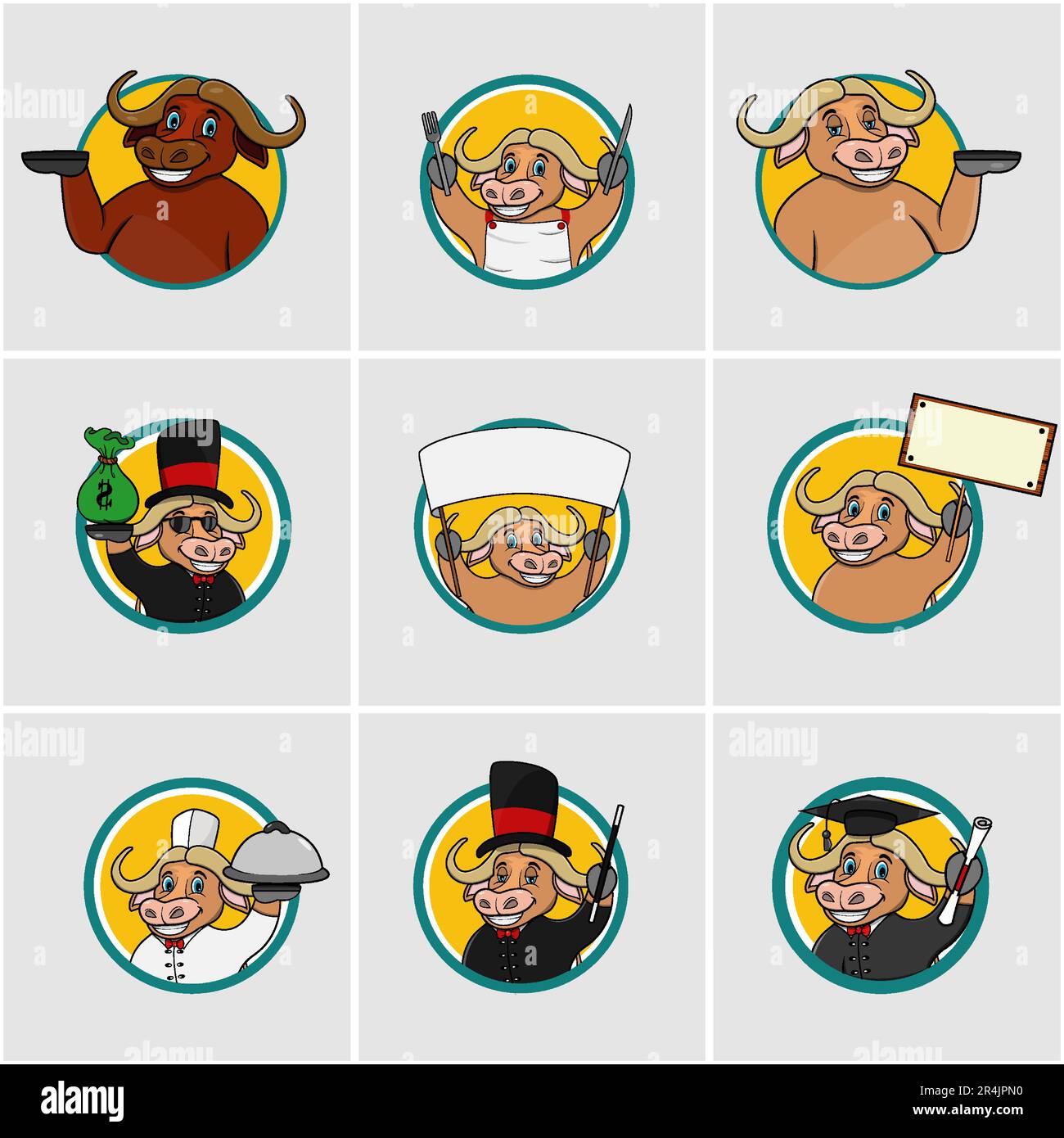 Cute Buffalo Head Circle Label set, Yellow Colors Background, Cartoon ...