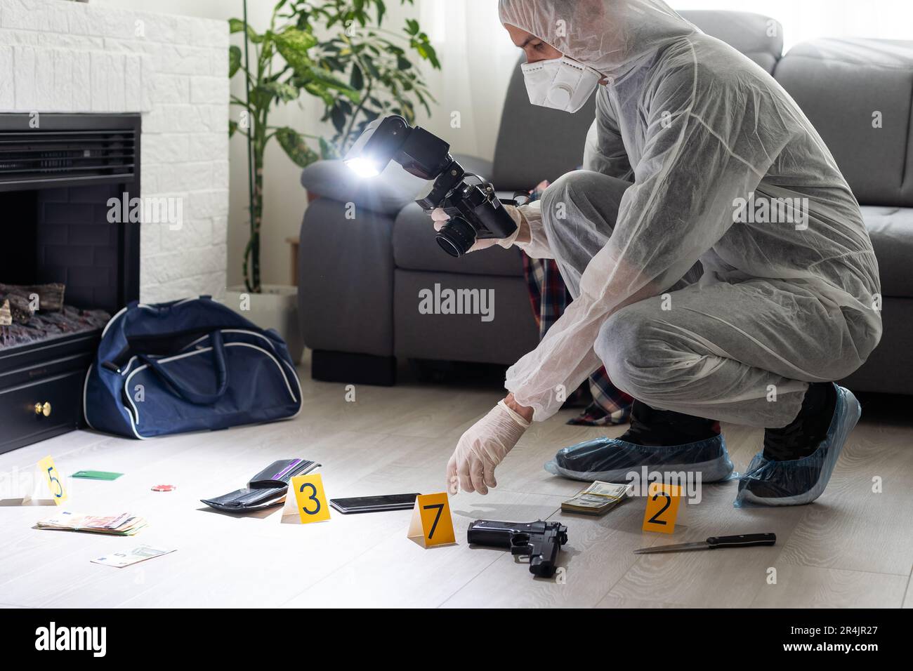 Detective Collecting Evidence In A Crime Scene Forensic Specialists