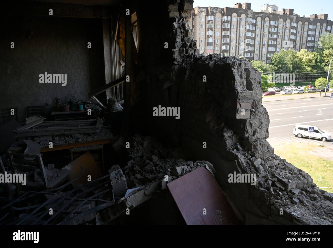 Kyiv, Ukraine. 28th May, 2023. Interior view of a damaged building that ...