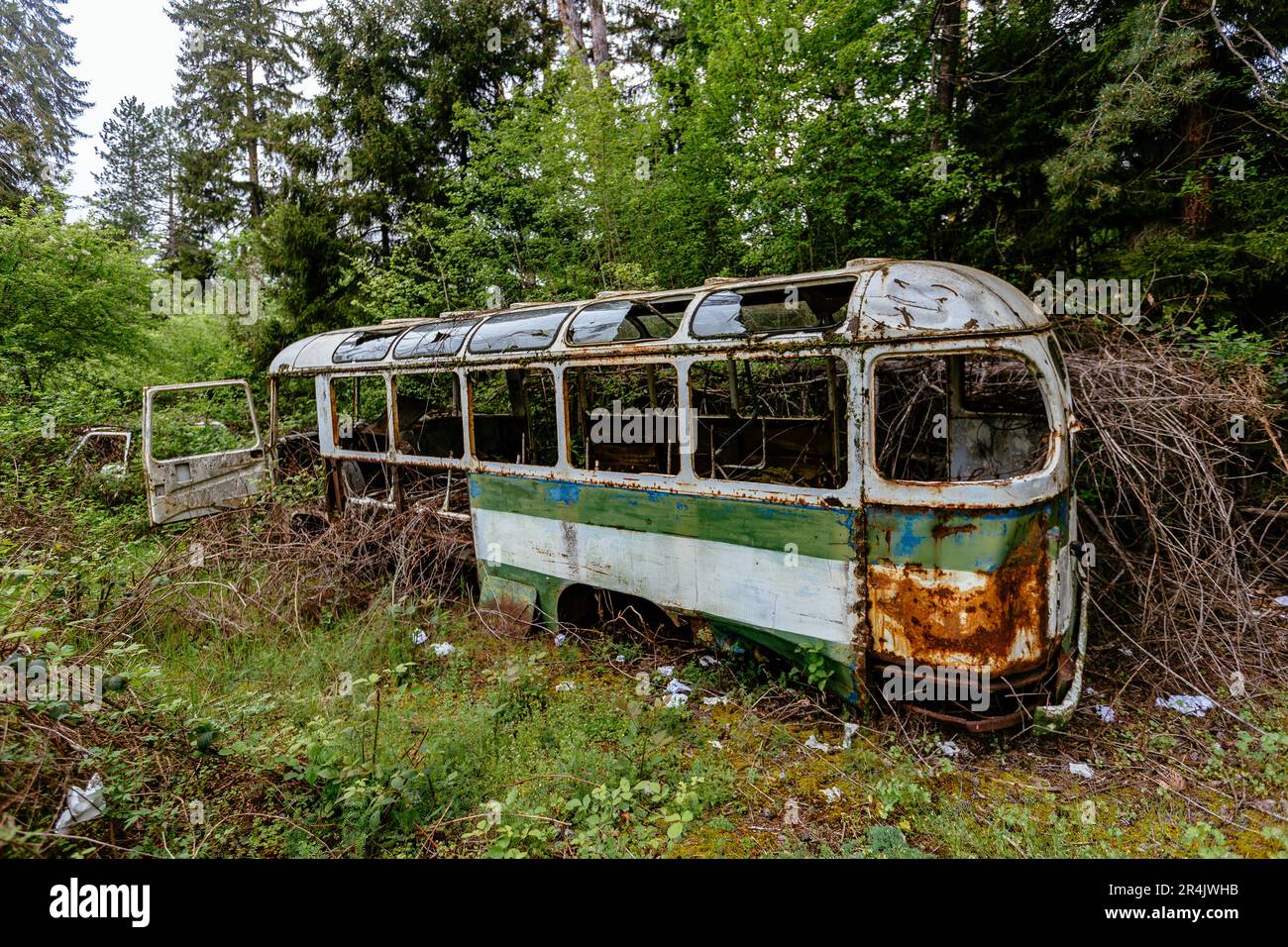 Old overgrown broken bus. Green post-apocalyptic concept Stock Photo ...