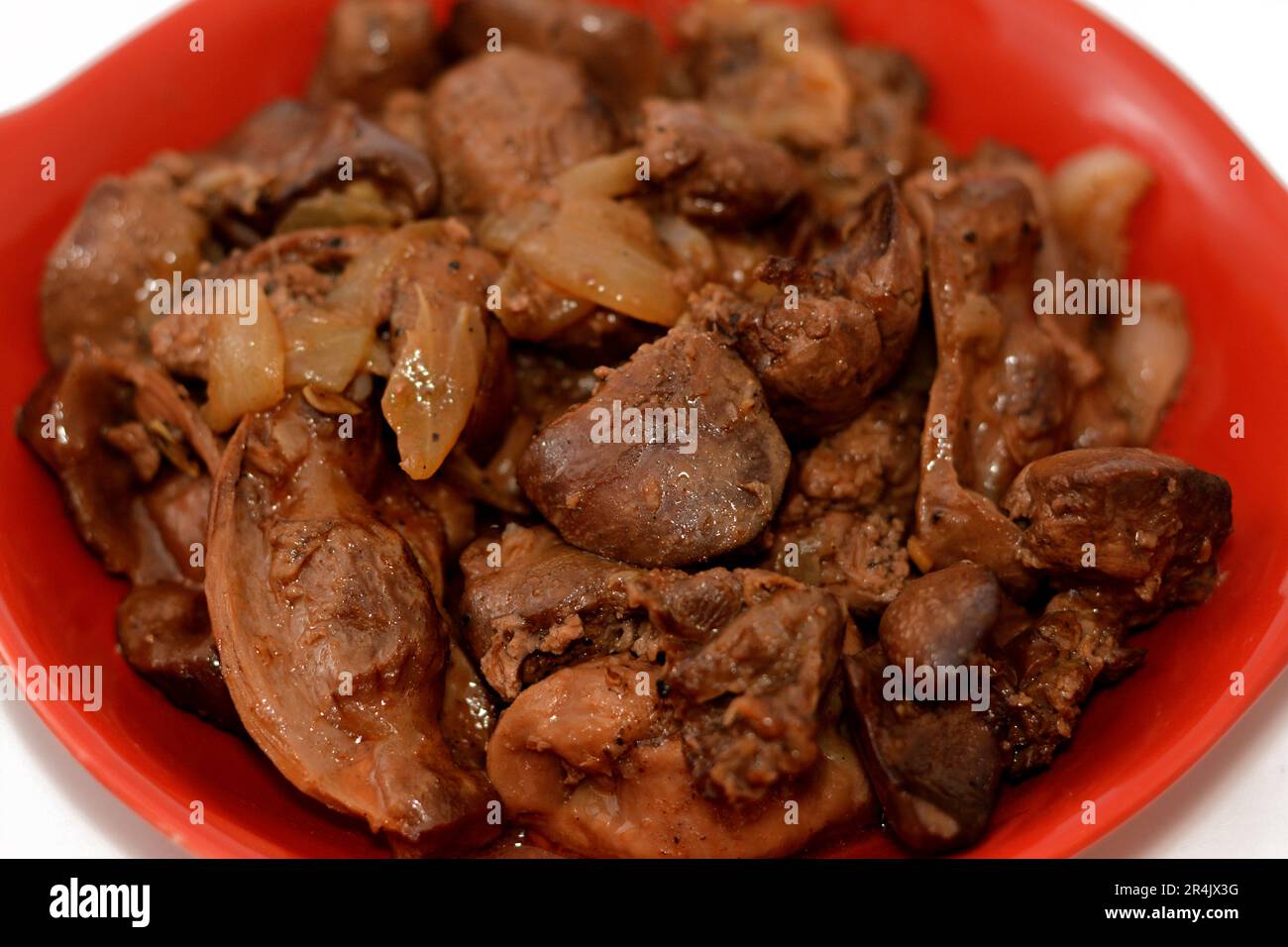 cooked chicken livers, gizzards and hearts, selective focus of fresh ...