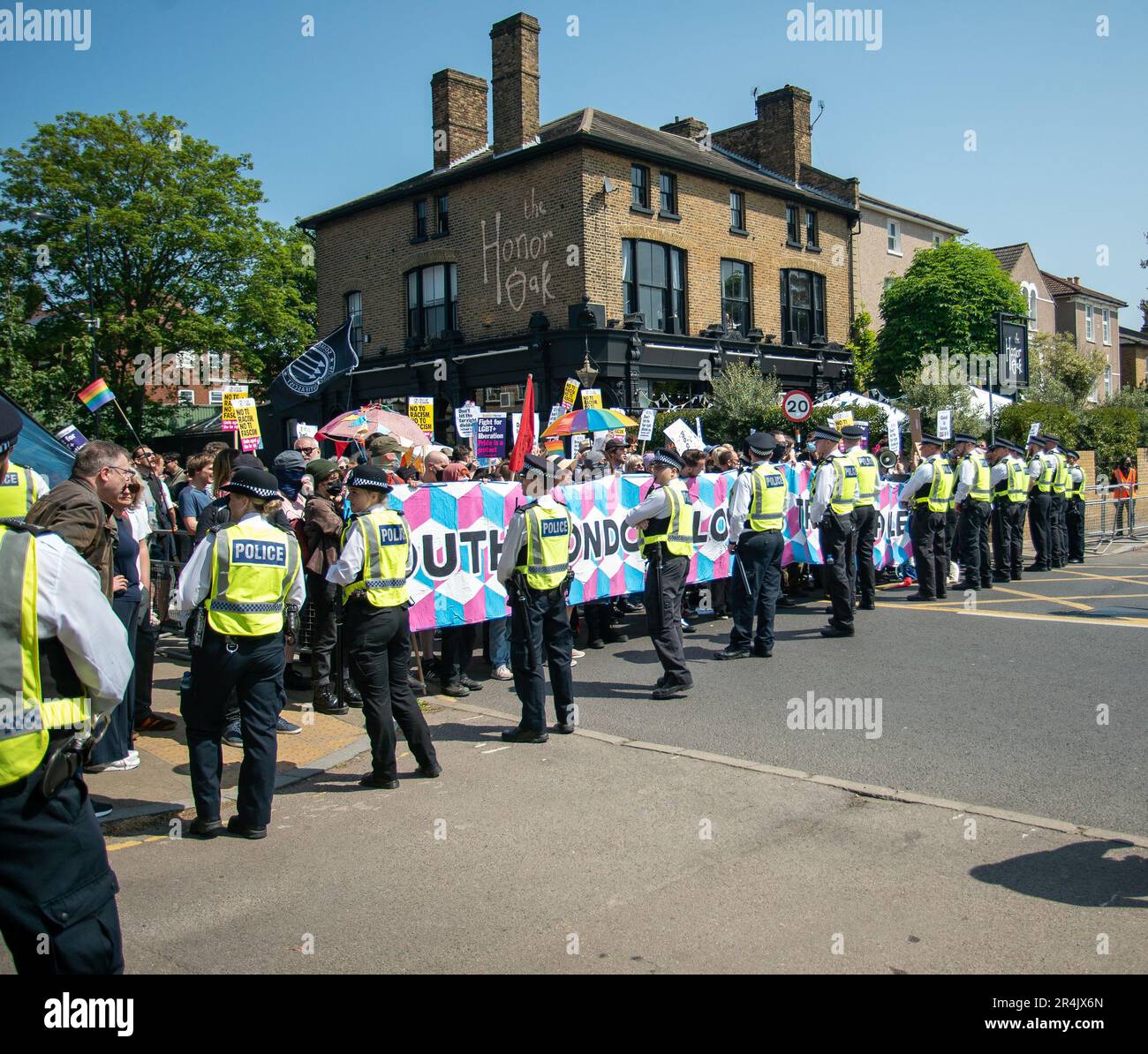 London, United Kingdom - May 27th 2023: Protesters at the Honor Oak Pub ...