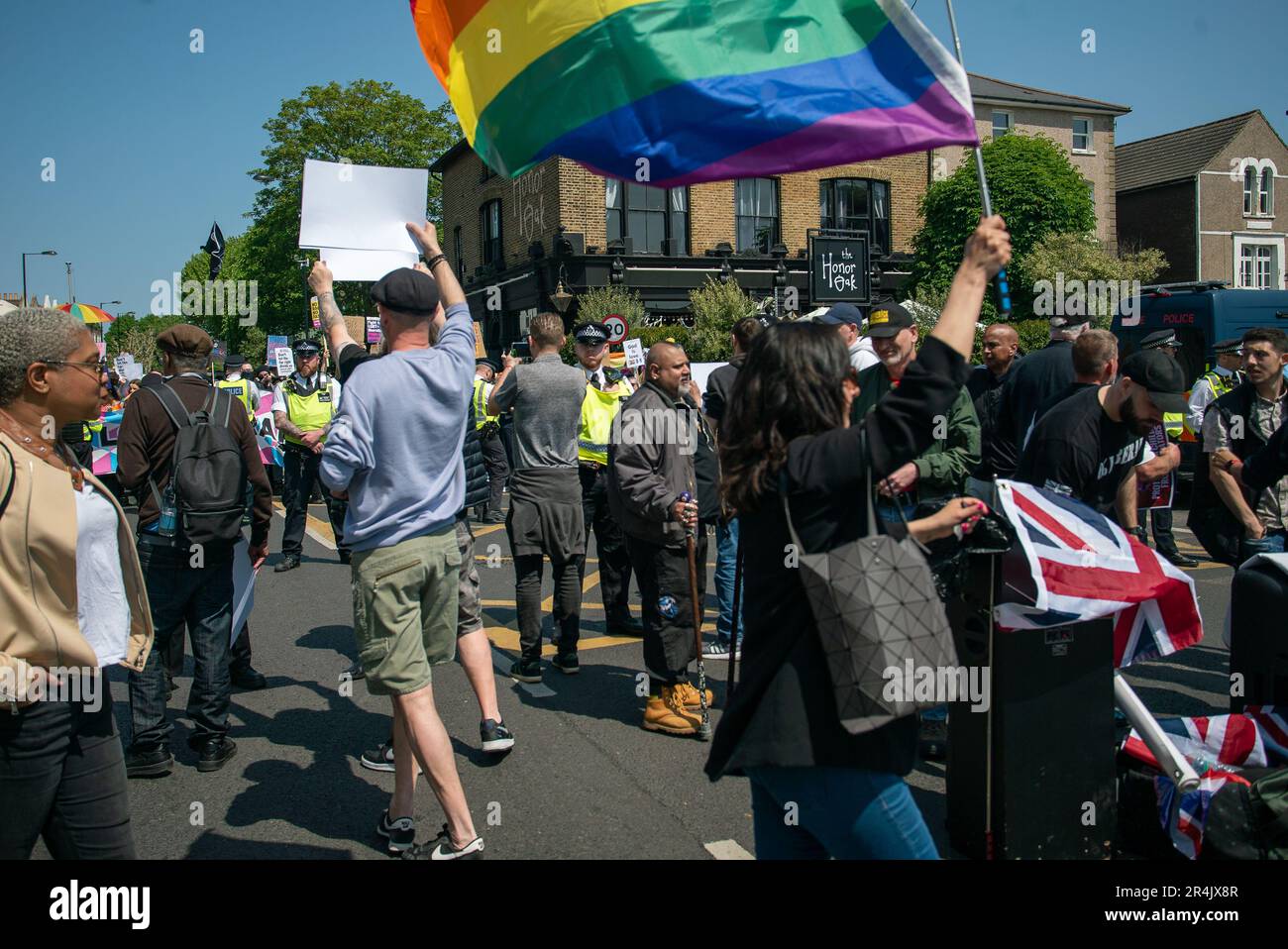 London, United Kingdom - May 27th 2023: Protesters at the Honor Oak Pub ...