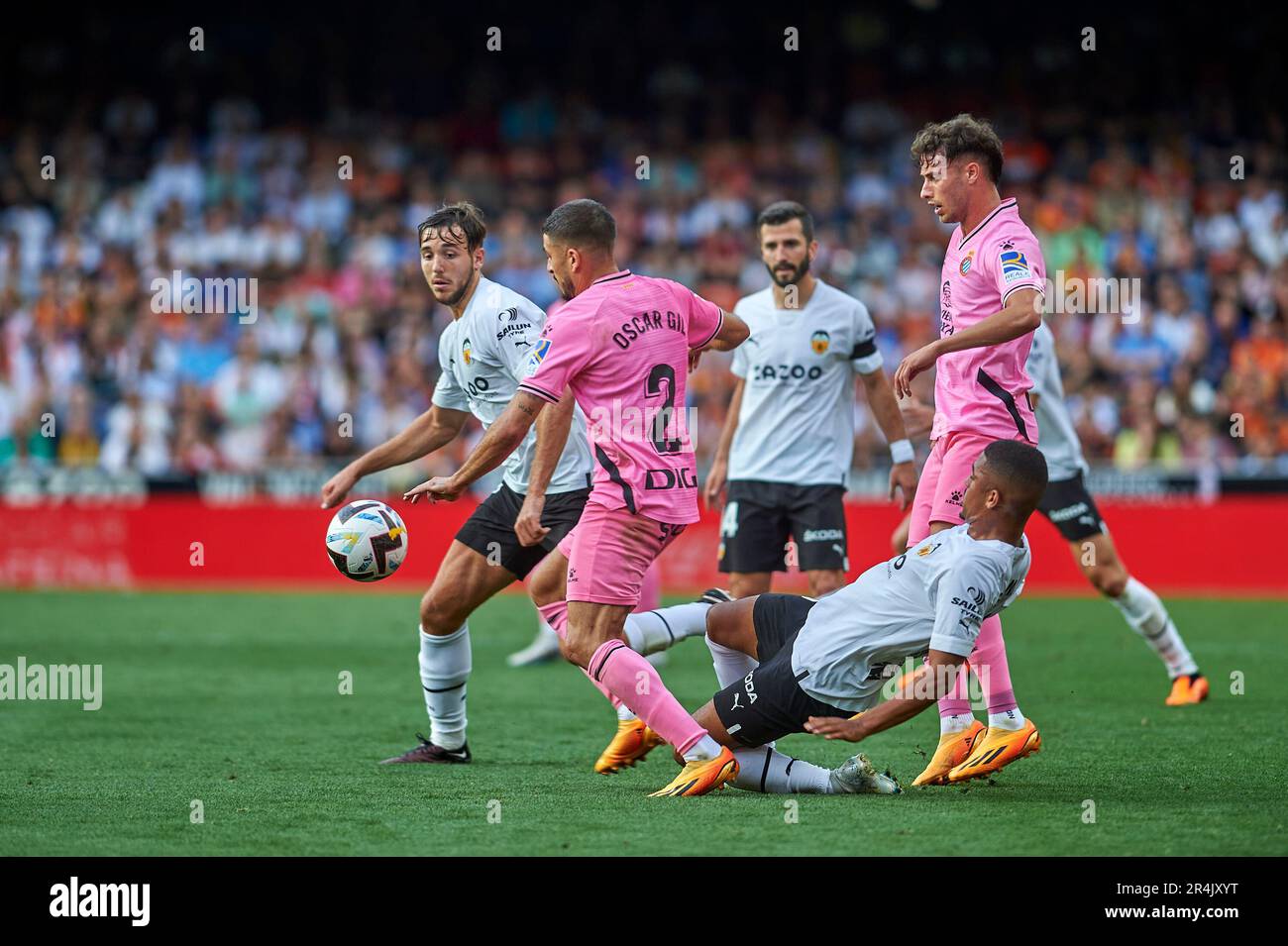 Samuel Lino Forward of Valencia CF, Oscar Gil Defender of RCD Espanyol ...
