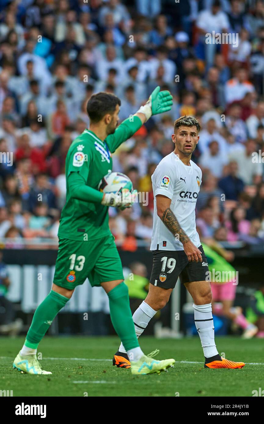 Hugo Duro Forward of Valencia CF, Pacheco Goalkeeper of RCD Espanyol de ...