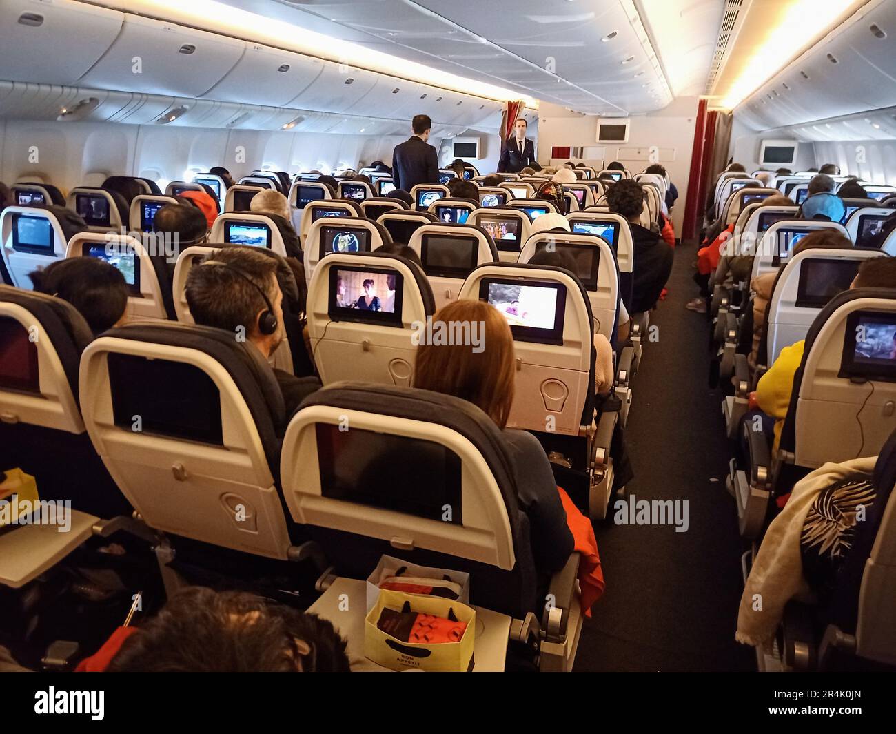March 2023 Toronto, Canada - Cabin interior of commercial airplane with ...