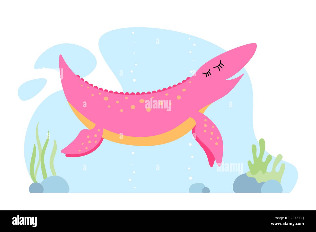 Cute pink dino. Kind smiling ichthyosaur dinosaur character. Cartoon ...