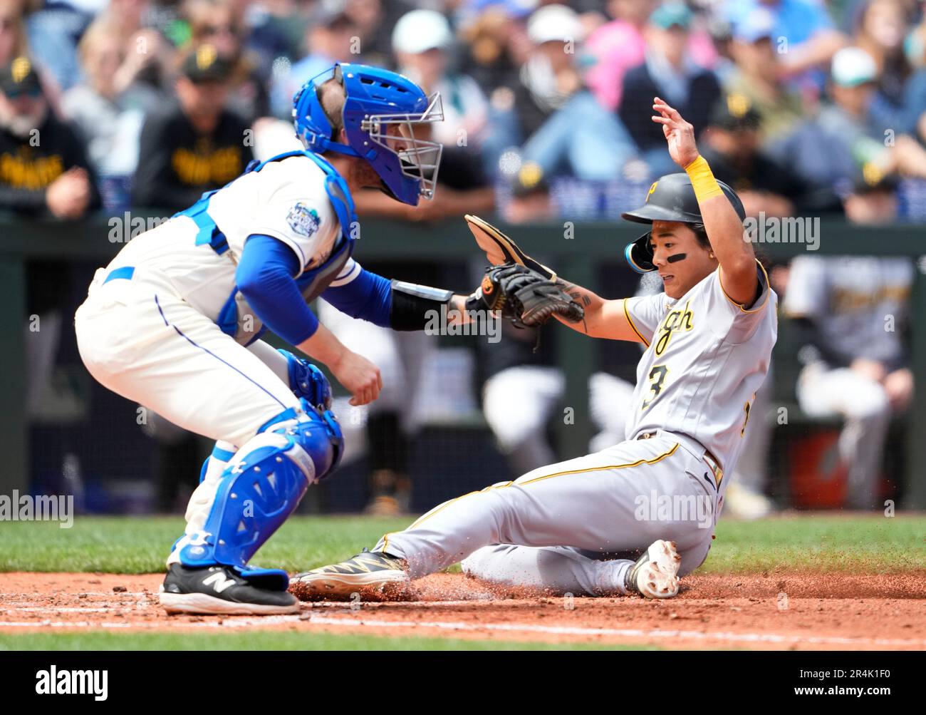 Pittsburgh Pirates' Ji Hwan Bae, right, slides in front of Seattle ...