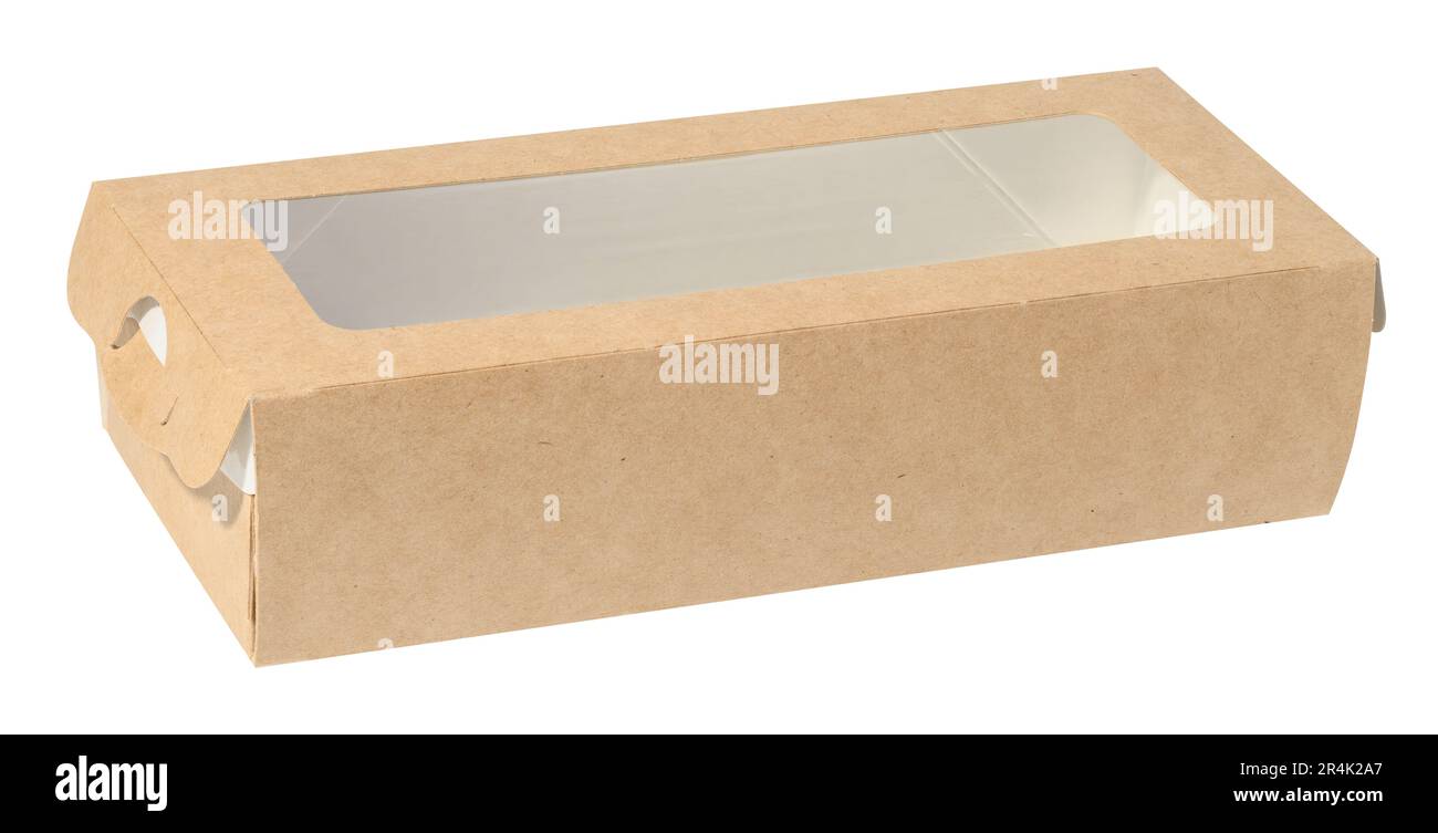 Empty brown rectangular cardboard box with a transparent lid on a white ...