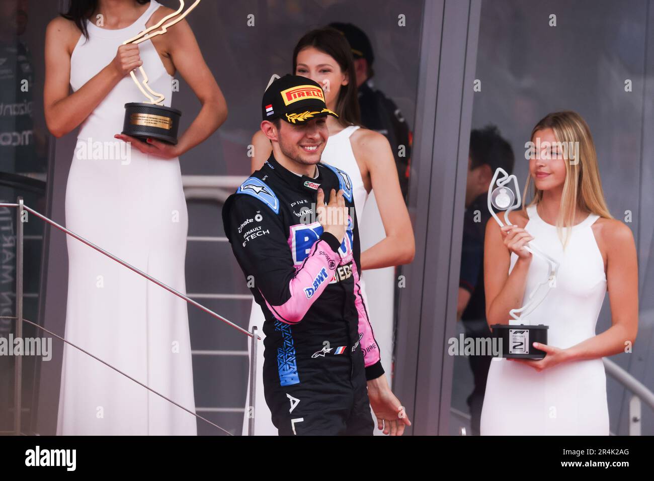 Monte Carlo, Monaco. 28th May, 2023. Esteban Ocon of Alpine is seen on podium after F1 Grand ...