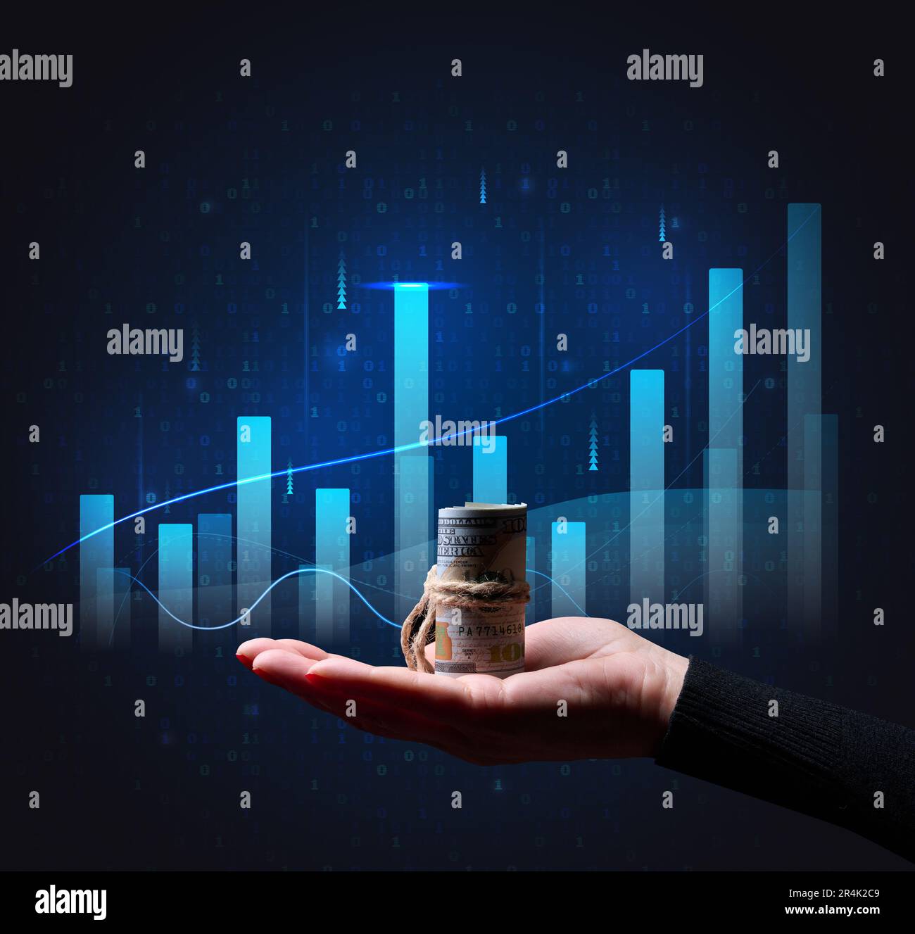 Holographic graph with growing indicators and a woman's hand. Business ...