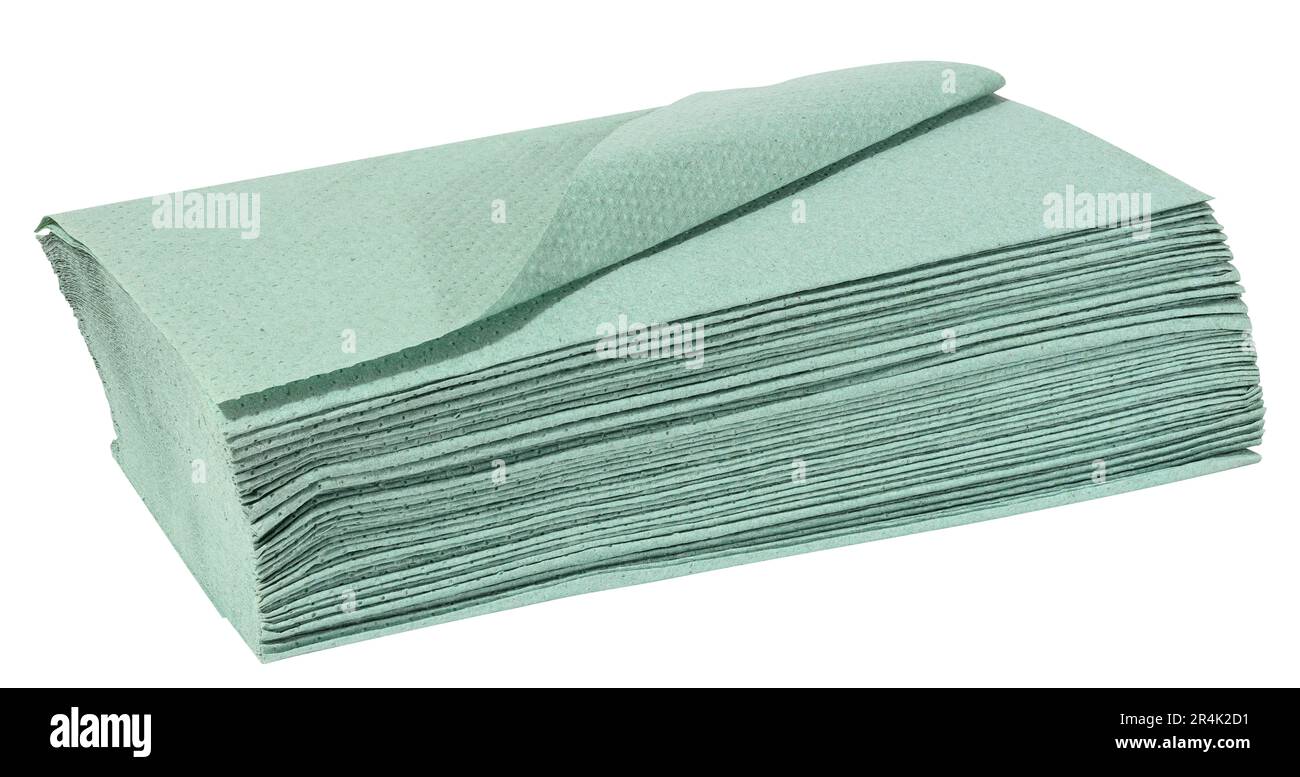 Stack of disposable green paper tissues for face and hands isolated on ...