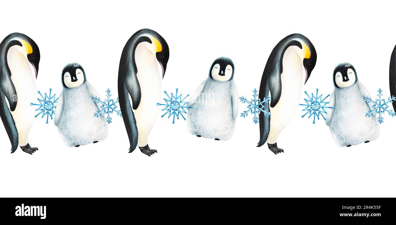 Watercolor winter border with king penguins and snowflakes isolated ...