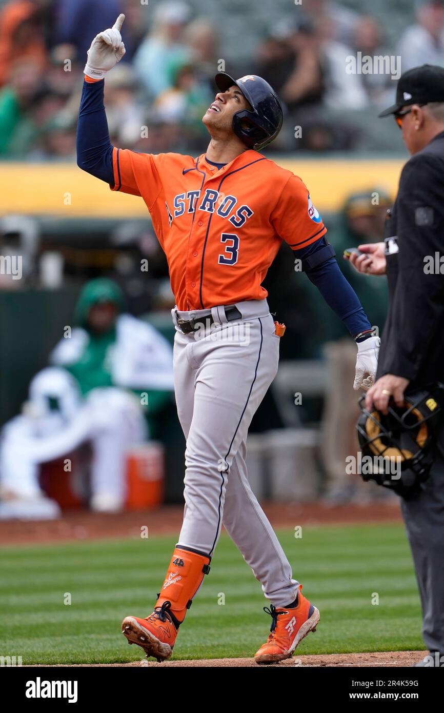 Houston Astros' Jeremy Pena celebrates after hitting a two-run home run ...