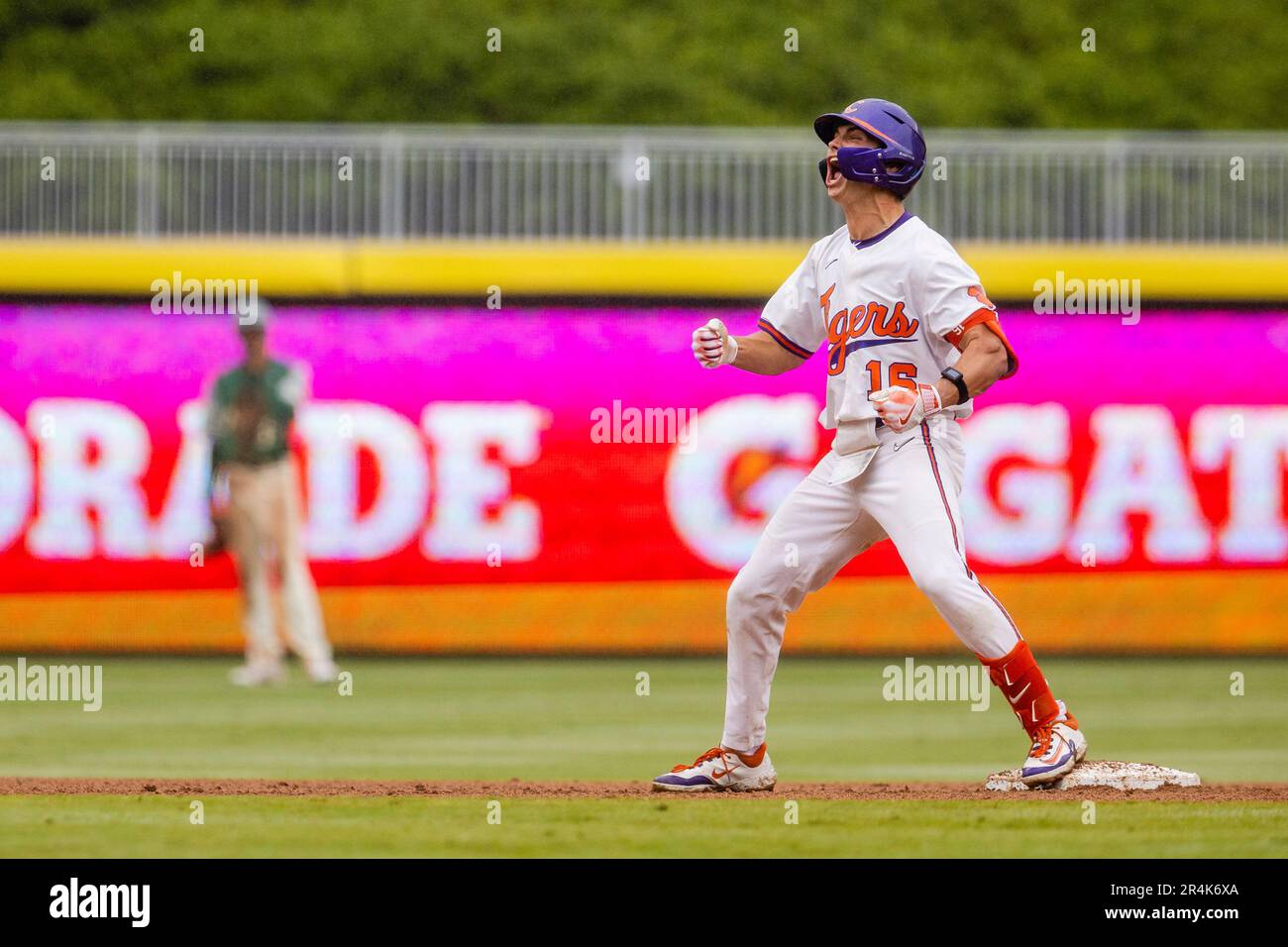 May 28, 2023: Clemson Tigers outfielder Will Taylor (16) celebrates a ...