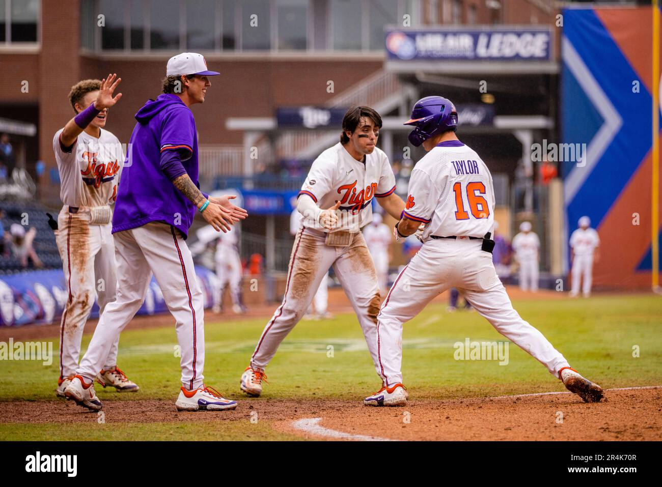 May 28, 2023: Clemson Tigers outfielder Will Taylor (16) celebrates ...