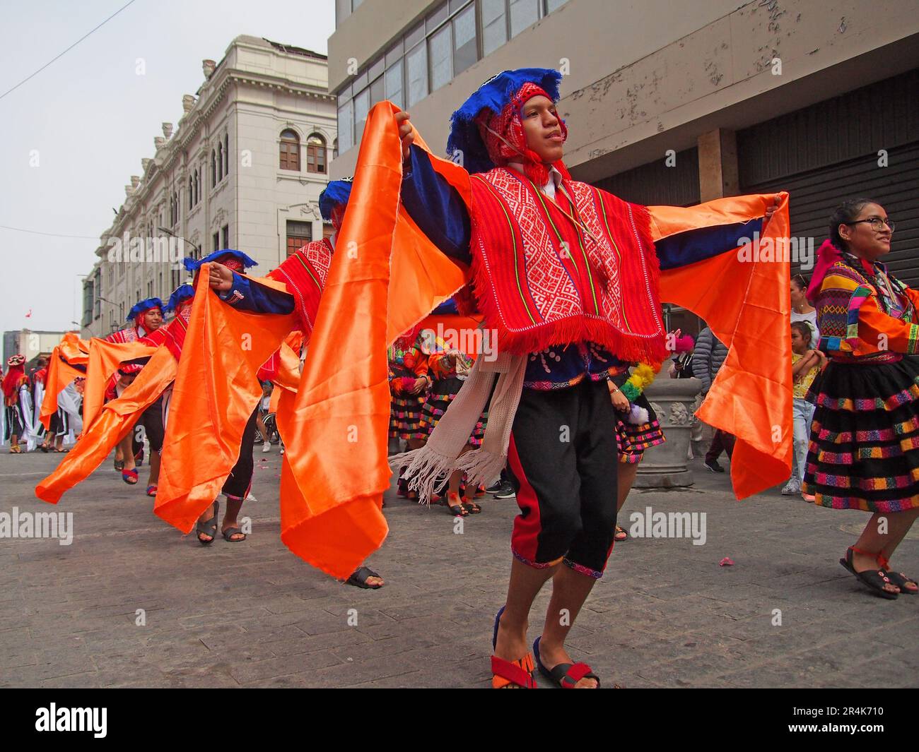 Lima, Peru. 28th May, 2023. Cuzco men in traditional costumes dancing ...