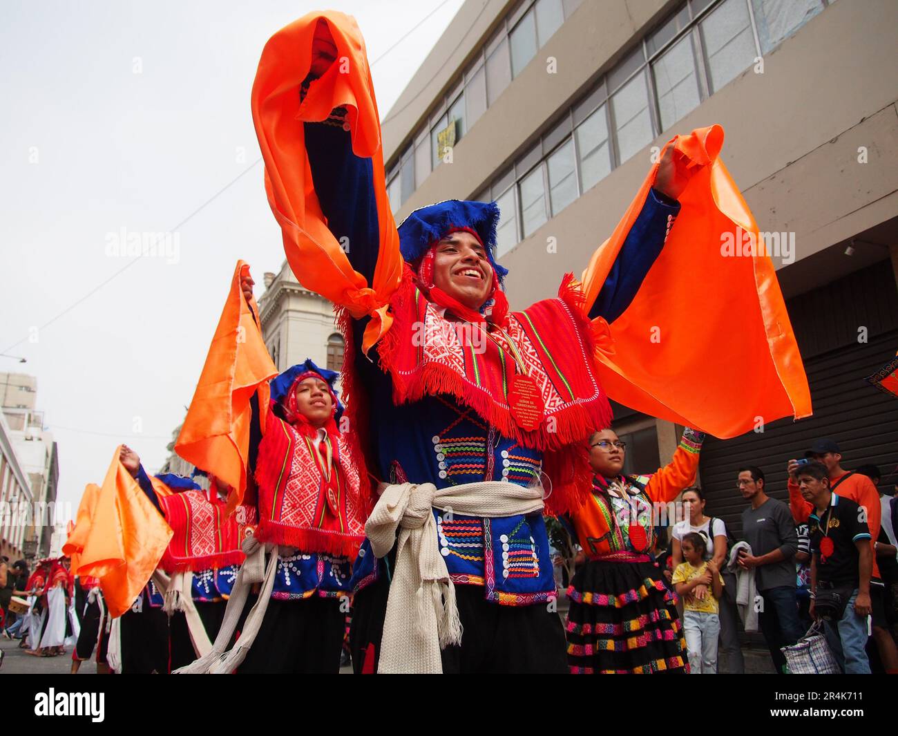 Lima, Peru. 28th May, 2023. Cuzco men in traditional costumes dancing ...