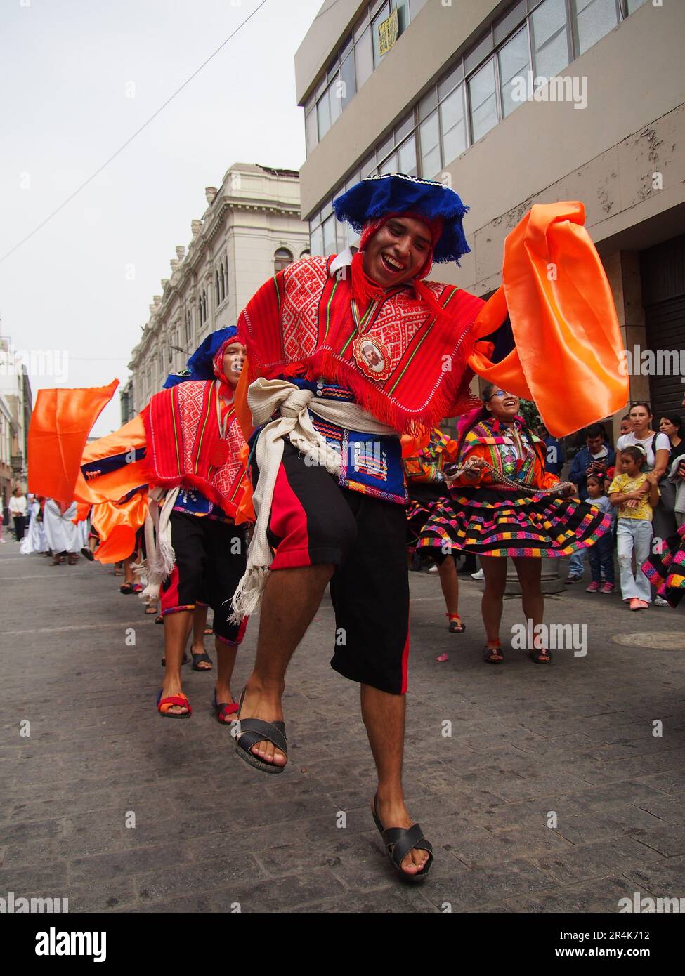Lima, Peru. 28th May, 2023. Cuzco men in traditional costumes dancing ...