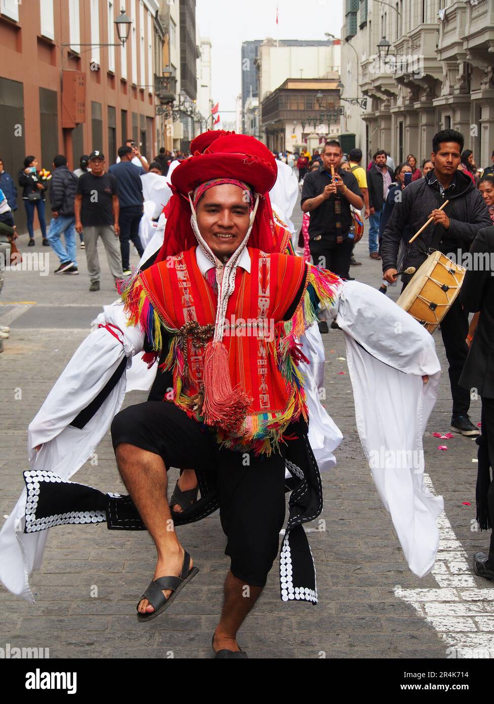 Lima, Peru. 28th May, 2023. Cuzco men in traditional costumes dancing ...