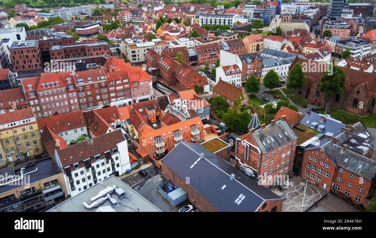 Aerial Panorama of Odense with red brick houses and red tiled roofes ...