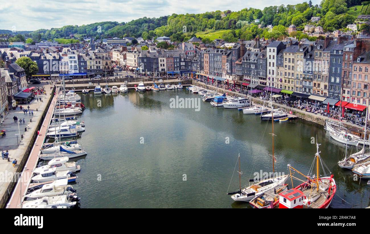 Aerial view of the old harbor in Honfleur, a resort in Normandy, the ...