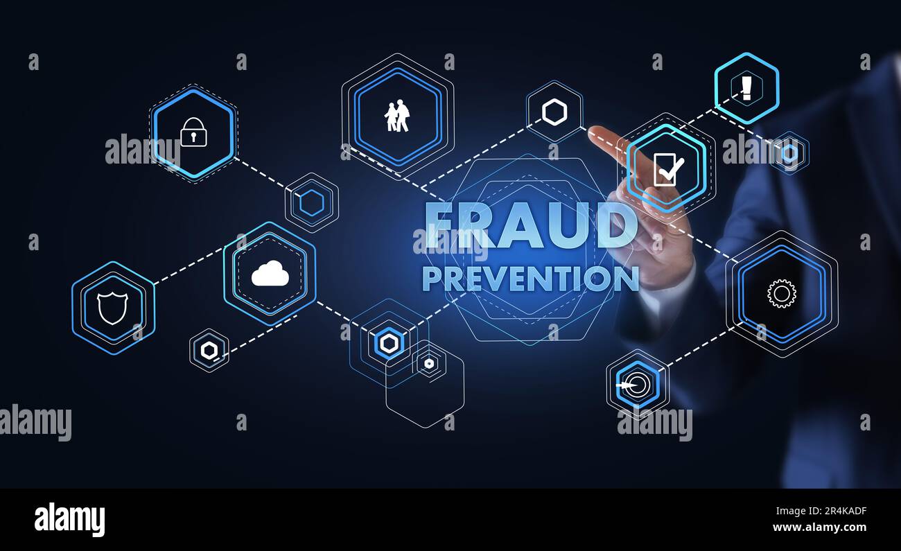 Fraud prevention. Man using digital screen, closeup. Scheme with icons ...